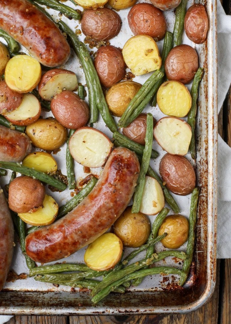 Roasted Brats with Potatoes and Green Beans - Vegetable Recipes